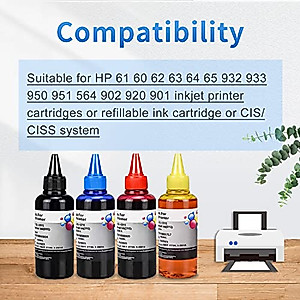 AYMSous Ink Refill Kit for HP 60 61 63 64 65 902 932 952 950 951 564 Refillable Ink Cartridge for HP Envy 4500 4520 5643 OfficeJet 6500a 6500 6000(4x100ML 1 Black, 1 Cyan. 1 Magenta, 1 Yellow)