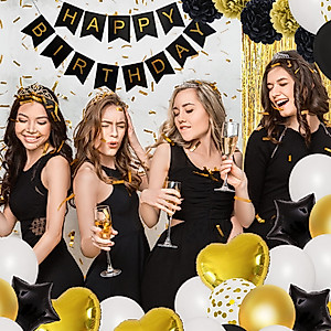 Amandir Black Gold Birthday Decorations for Men Women,Black Gold White Foil Confetti Balloons Happy Birthday Banner Pom Poms Metallic Fringe Curtains 18th 30th 40th 50th 60th Birthday Party Supplies