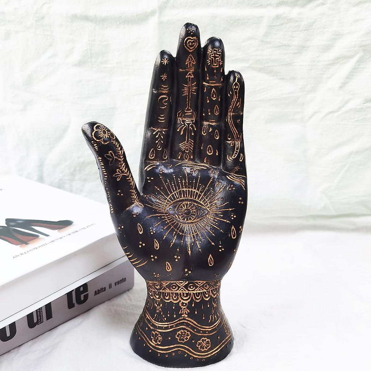 Palmistry Hand Resin Statue Telling Palm Reading, Ancient Mystical Palm with Lines and Symbols Sculpture for Palm Readers（Black）