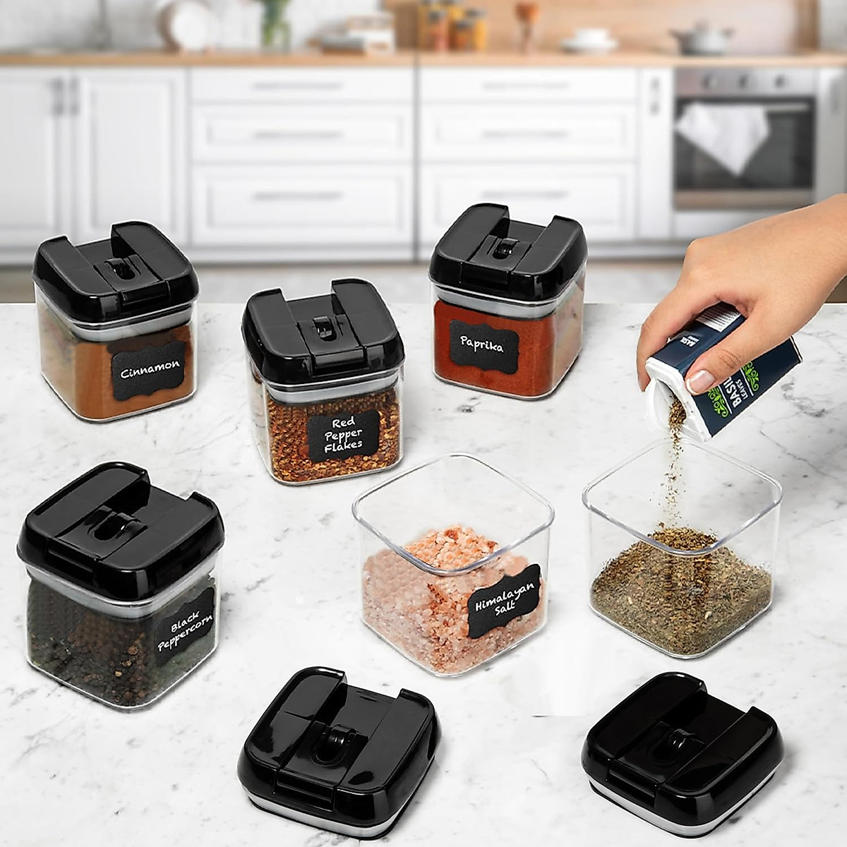 Shazo Airtight 6 Pc Mini Container Set + 6 Spoons, Labels & Marker - Durable Clear Plastic Food Storage Containers with Lids - Kitchen Cabinet Pantry Containers for Spices, Herbs, Coffee, Tea etc