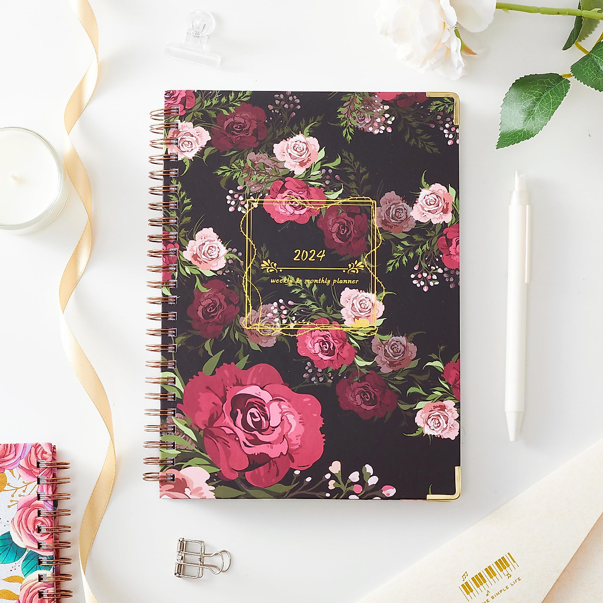 2024 Planner - Weekly & Monthly Planner with Tabs, 8.2'' x 6.2'', 12-Months Planner with Monthly Tabs, Twin-Wire Biding, Holidays, Notes Pages, Back Pocket - Floral
