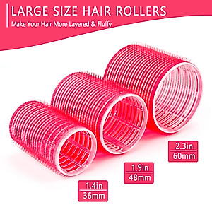 2.3 Inch Hair Rollers for Long Medium Short Hair, Self Grip Heatless Large Hair Curlers for Women With 10 Hair Clips & 1 Rat Tail Comb (2.3/1.9/1.4 Inch) Pink