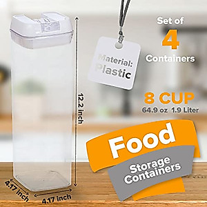 Cheer Collection One Size Airtight Food Storage Containers - Set of 4 IDENTICAL 65 oz Pantry Organizer Bins plus Marker and Labels - White lids