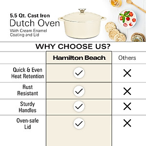 Hamilton Beach Enameled Cast Iron Dutch Oven 5.5-Quart Cream, Cream Enamel Dutch Oven Pot with Lid, Cast Iron Dutch Oven with Even Heat Distribution, Safe Up to 400 Degrees, Durable