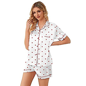 Satin Pajamas for Womens, Silk Pajamas 2 Pcs Button Down Sleepwear Short Sleeve Loungewear Outfit for Womens, D White Heart, US S