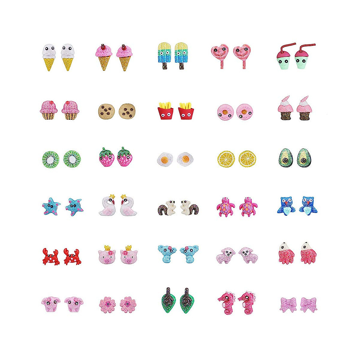 minihope 30 Pairs Little Girls Earrings Hypoallergenic,Cute Multiple Animal Donut Stud Earrings for Kids,Made with Polymer Clay,Best Gifts for Girls