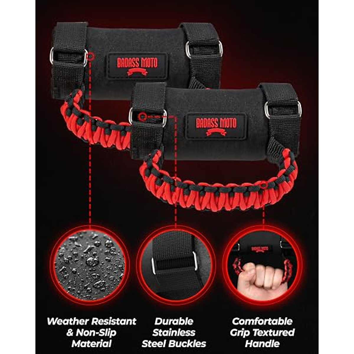UTV Grab Handles Roll Bar Grab Handles. RZR Passenger Grab Handle 2 Pack Roll Cage Handle Fits Polaris Ranger, Mule, Teryx, CFMoto, Yamaha, Honda Pioneer, Can Am SxS UTV Accessories Red Paracord