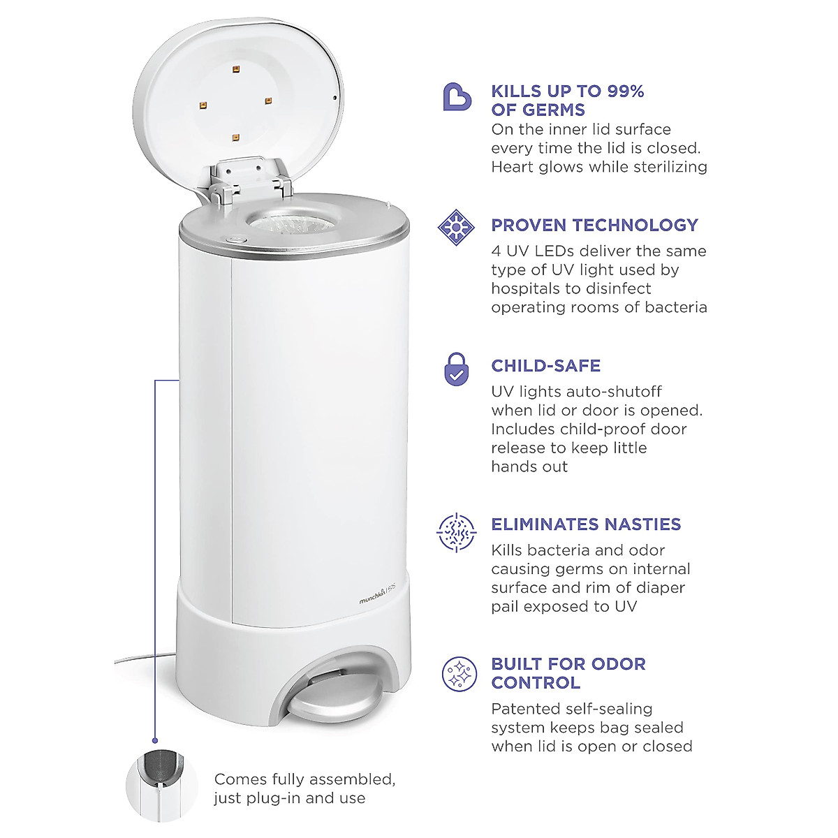 Munchkin® UV Diaper Pail #1 in Odor Control, LED UV Lights Kills 99% of Germs and Odor Causing Bacteria on Lid Surface, Includes 1 UV Snap, Seal & Toss™ Bag and 3 UV Refill Rings