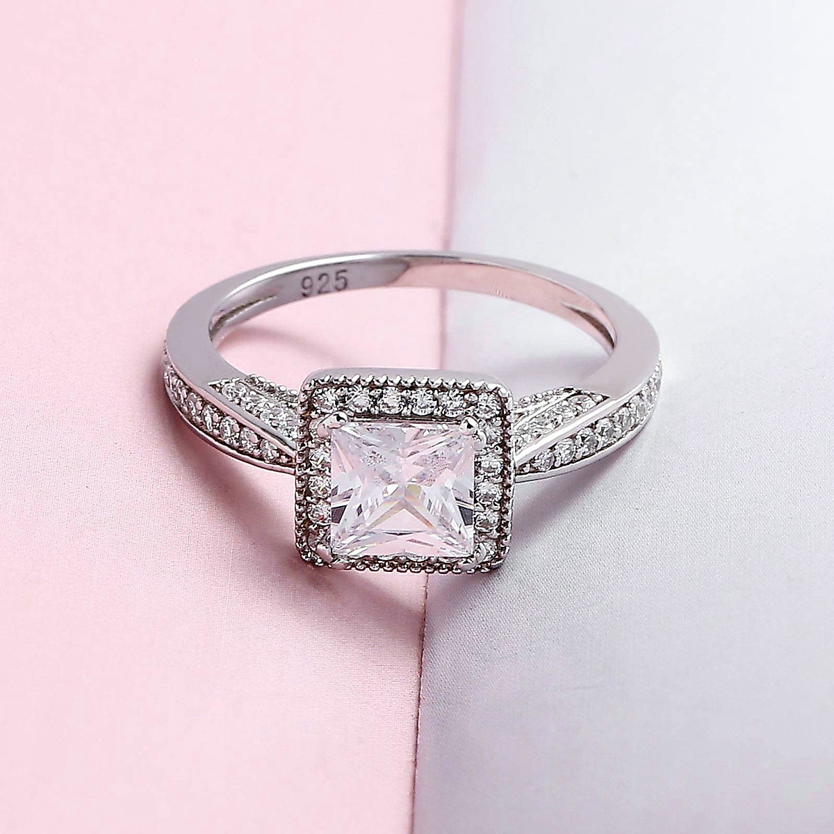 Gualiy 925 Sterling Silver Promise Rings, Wedding Rings Engagement Rings Square Shape Cubic Zirconia Rings Size 5.5