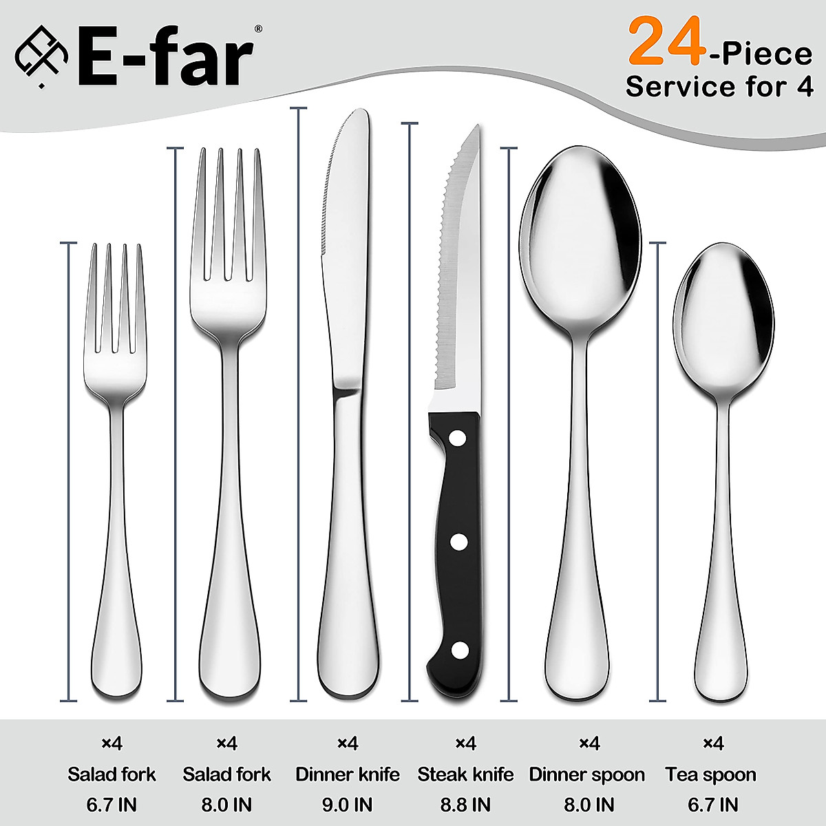 E-far 24-Piece Silverware Set with Steak Knives, Stainless Steel Flatware Cutlery Set Eating Utensils for 4, Spoons Forks Knives for Home Kitchen, Simple Design & Mirror Finish, Dishwasher Safe