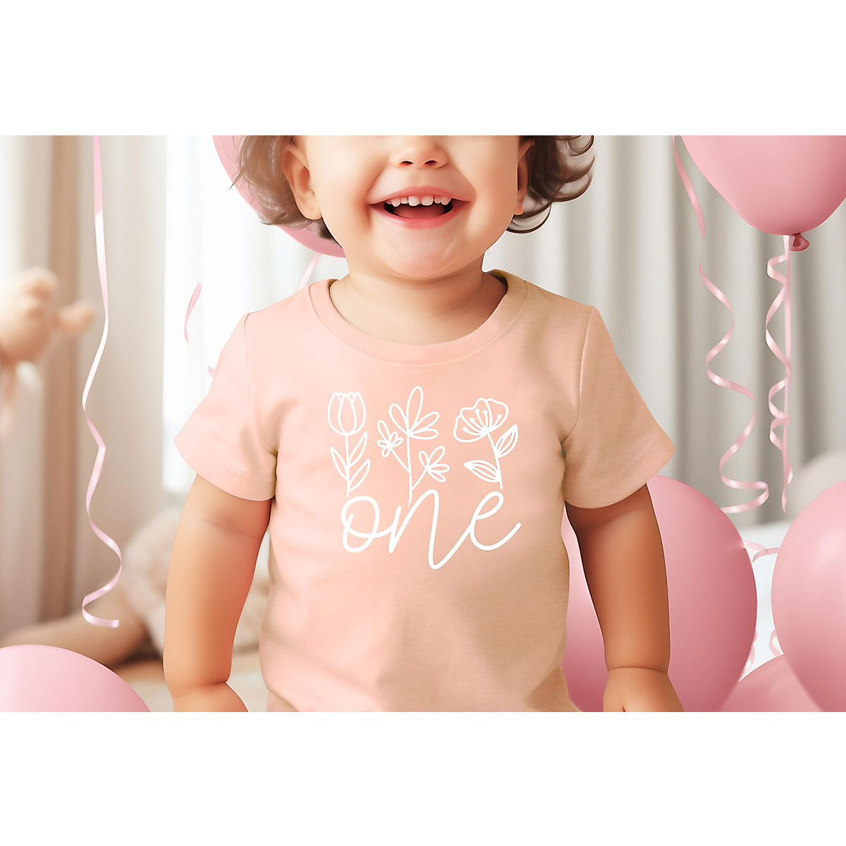 One Floral 1st Birthday Shirt for Baby Girls First Birthday Outfit White on Peach Shirt 12 Months