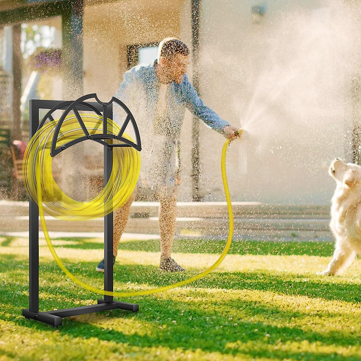 SHOMEXTOL Garden Hose Holder -Upgraded Hose Holder Holds,Freestanding Heavy Duty Hose Hanger,Sturdy Hose Stand and Hose Storage for Lawn & Yard,Black(Crescent-Style)