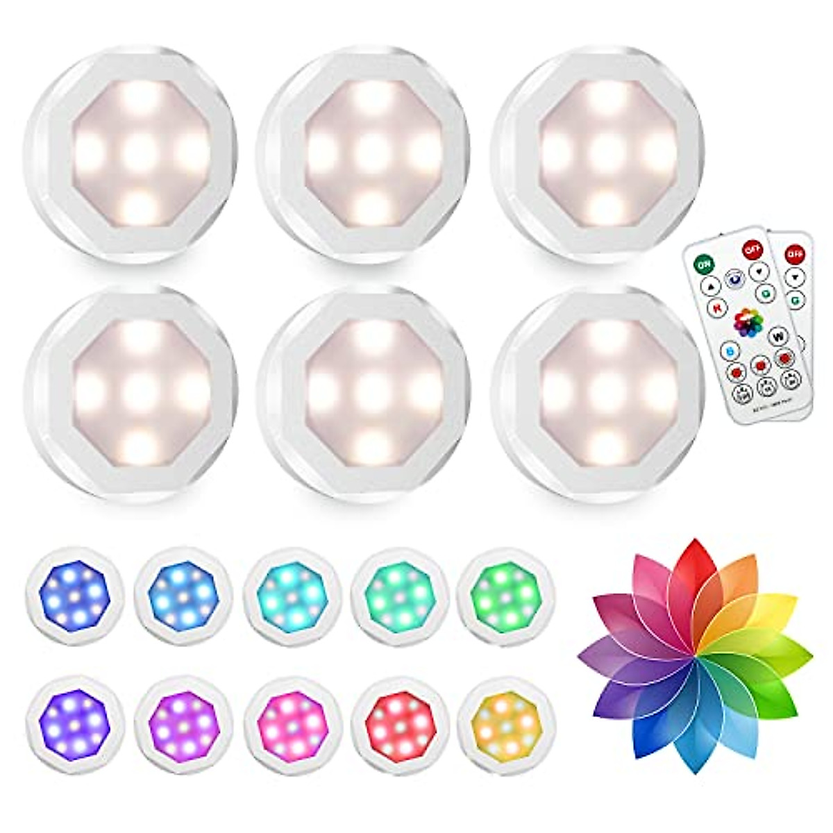 GANA Puck Lights with Remote Control, Under Cabinet Lighting LED Closet Lights - Battery Powered Operated Timer Function Wireless Color Changing Dimmable 16 Colors and 4 Modes Battery Lights (6 Pack)