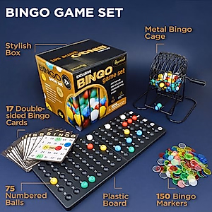 Bingo Game for Adults and Kids– Family Bingo Game Set with Bingo Cards, 150 Bingo Chips and Metal Bingo Cage – Perfect Board Game for Large Groups