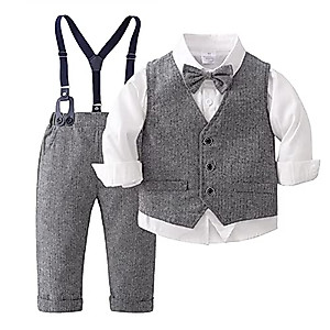 Infant Long Sleeve Dress Shirt with Bowtie + Suspender Pants + Vest Tuxedos Formal Suits for Baby Boys Gray 18-24M
