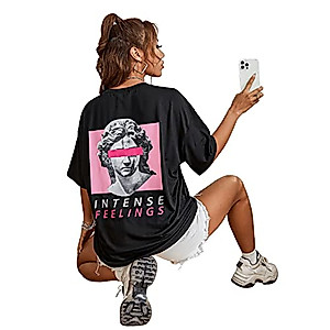 SweatyRocks Women's Short Sleeve Drop Shoulder Round Neck Tee Graphic Print Oversized Loose Fit T-Shirt Tops Black Pink M