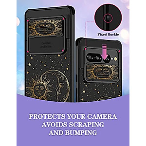 Goocrux for Google Pixel 7 Pro Case Sun and Moon Stars for Girls Women Cute Space Girly Phone Cover Fashion Gold Print Unique Design with Slide Camera Cover Aesthetic Cases for Pixel 7 Pro 5G 6.7 inch