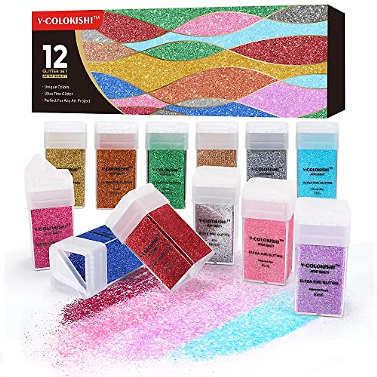 V·COLOKISHI Ultra Fine Glitter, 12 Unique Colors Glitter Set, 42.5g/Bottle, Extra Fine Glitter for Tumbler Slime Epoxy Resin, Body Face Nail Cosmetic Makeup, Painting, Art and Crafts, Total 510g