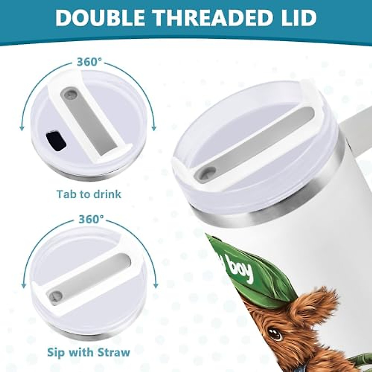 RPLIFE Cute Highland Cow White Stainless Steel Mug, Insulated Coffee Mug with Lid, Tumbler for Men