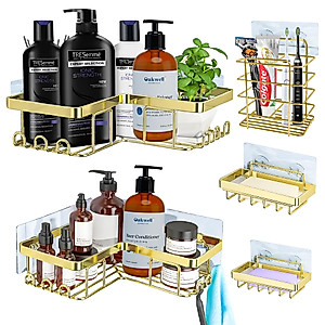 Cozymade Corner Shower Caddy, 5pcs Adhesive Shower Caddy with Soap Holder, No Drilling Wall Mounted Shower Shelves, Rustproof Stainless Steel Shower Organizer, Gold