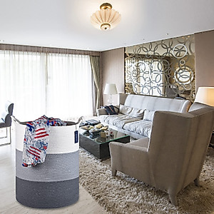 COMSE Laundry Hamper, Extra Large 15.7"x 21.7", Cotton Rope Basket, Portable, White & Light Gray & Dark Gray