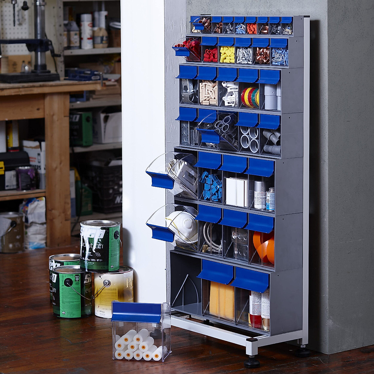 Ideal BNZ Tilt Bins, Plastic Pull Out Storage Bins, Stackable Organizer, Storage Containers with Drawers (Fastener Storage, Bead Storage Drawers), 5 Bins, Grey/Blue