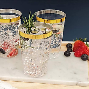Tebery 100 Pack Clear Plastic Cups Party Glasses, 16Oz Disposable Cups Plastic Tumblers, Elegant Party Tumblers Cups Wedding Cups with Gold Rim