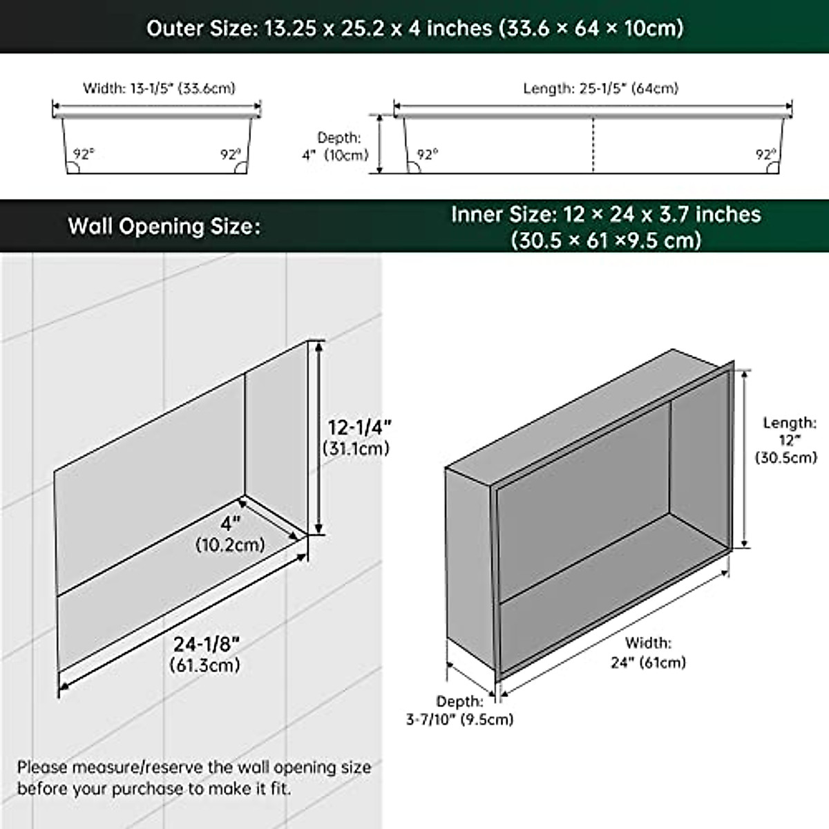 BLYLUND Shower Niche Stainless Steel 12" x 24" NO Tile Needed,Brushed Finish Wall-inserted Niche Recessed, Recessed Shower Shelf Modern and Elegant Soap Niche for Bathroom