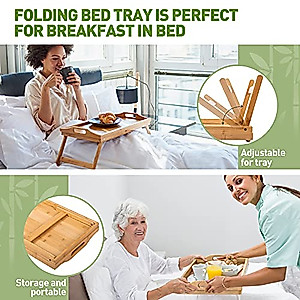 Bamboo Bed Tray,Breakfast Tray with Folding Legs Serving Tray with Carrying Handles Portable Lap Tray Lightweight Decorative Tray Food Tray for Breakfast in Bed,Reading or Working (17.1 Inch).