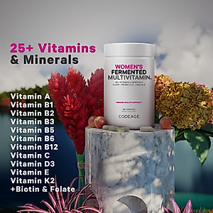 Codeage Women’s Daily Multivitamin, 25+ Vitamins & Minerals, Fermented, Organic Whole Foods, Probiotics Supplement - Vitamin A, Vitamin B, Vitamins C, D, E & K, Omega 3, Zinc – Vegan - 120 Capsules