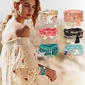 JOERICA 6 Sets Bohemian Stackable Beaded Bracelets for Women Multilayer Colorful Beads Handmade Bracelets Boho Bracelets Pack with Charm