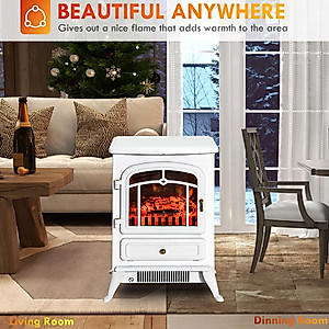 HOMCOM 22" Electric Fireplace Heater, Freestanding Fire Place Stove with Realistic LED Flames and Logs, and Overheating Protection, 750W/1500W, White