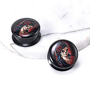 POBAISITER 1 Pair Acrylic Solid Screw Fit Ear Gauges Santa Muerte Holy Death 6mm- 25mm Colored Drawing Allergy Free For Women For Men Body Piercing Jewelry