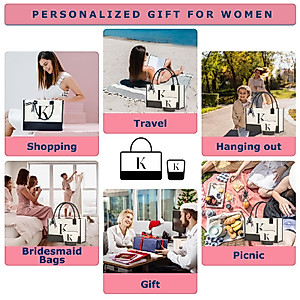 OATALY Monogrammed Canvas Tote Bag with Zipper Pockets - Ideal Gift for Mom, Teacher, Sister