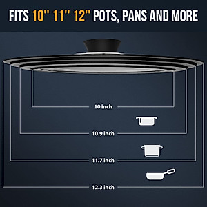 Universal Lid for Pots, Pans and Skillets Fits 10.5", 11.5" and 12" Diameter Cookware - Walfos Tempered Glass Pan Lid with Heat Resistant Silicone Rim, BPA Free Large Pot Lids, Dishwasher-Safe, Black