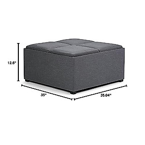SIMPLIHOME Avalon 35 inch Wide Contemporary Square Coffee Table Storage Ottoman in Slate Grey Linen Look Fabric for the Living Room and Bedroom