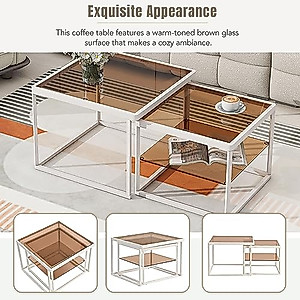 VKKILPEE Modern Nesting Coffee Table Set with High-Low Combination Design, Brown Tempered Glass Square Cocktail Table, White Metal Frame, Length Adjustable 2-Tier Center End Table for Living Room