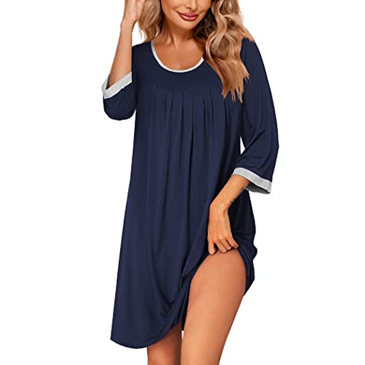 Ekouaer Sleepwear for Women Long Nightgowns for Women Sleepshirt Long Sleeve Nightgown Loose Fit Sleepshirt，Navy Blue L