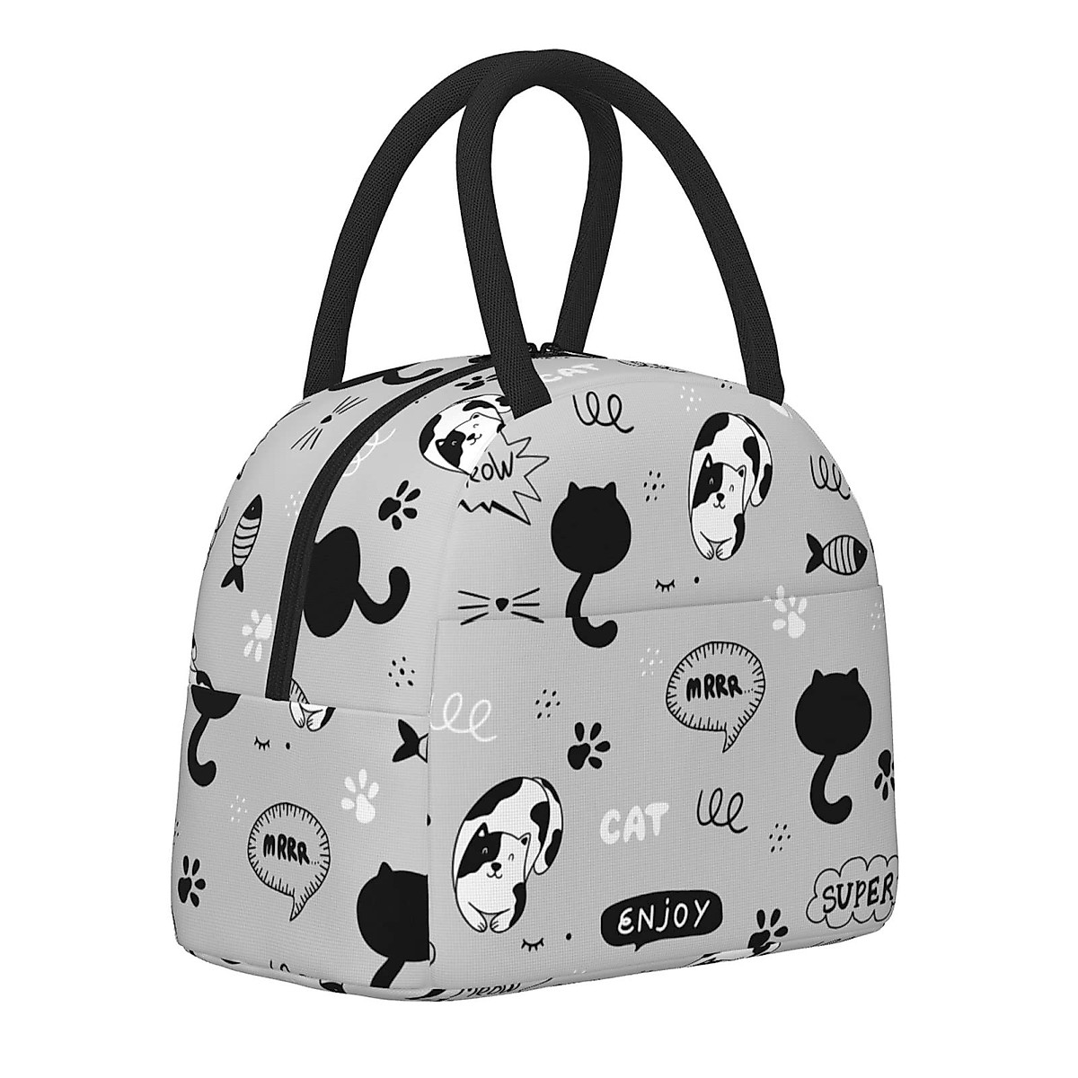Oplp Cute Cats Fish Cat Paws Lunch Bag Box Meal Prep Insulated Handbag Reusable Lunch Container