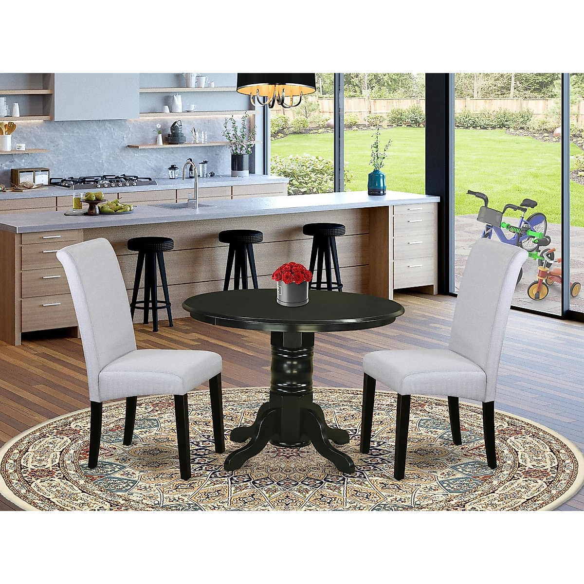 East West Furniture SHBA3-BLK-05 3 Piece Kitchen Table & Chairs Set Contains a Round Dining Room Table with Pedestal and 2 Grey Linen Fabric Parson Dining Chairs, 42x42 Inch, Black