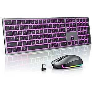 Backlit Wireless Keyboard and Mouse, PEIOUS 7 Color Light Up Mouse and Keyboard, Full Size Rechargeable USB Illuminated Keyboard and Mouse for Mac, Chormebook, Windows Computer Laptop