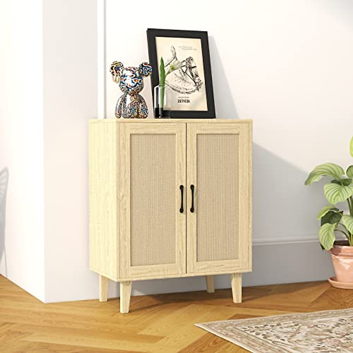 Panana Buffet Cabinet Sideboard with Rattan Decorated Doors Kitchen Storage Cupboard Accent Cabinet (Natural Wood)