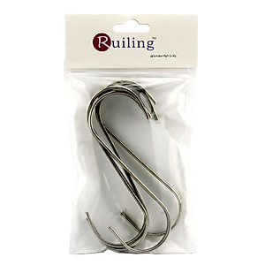 RuiLing Premium 4-Pack Size Extra Large Brushed Stainless S Hooks Kitchen Pot Pan Hanger Clothes Storage Rack, XXL/Flat, Metal