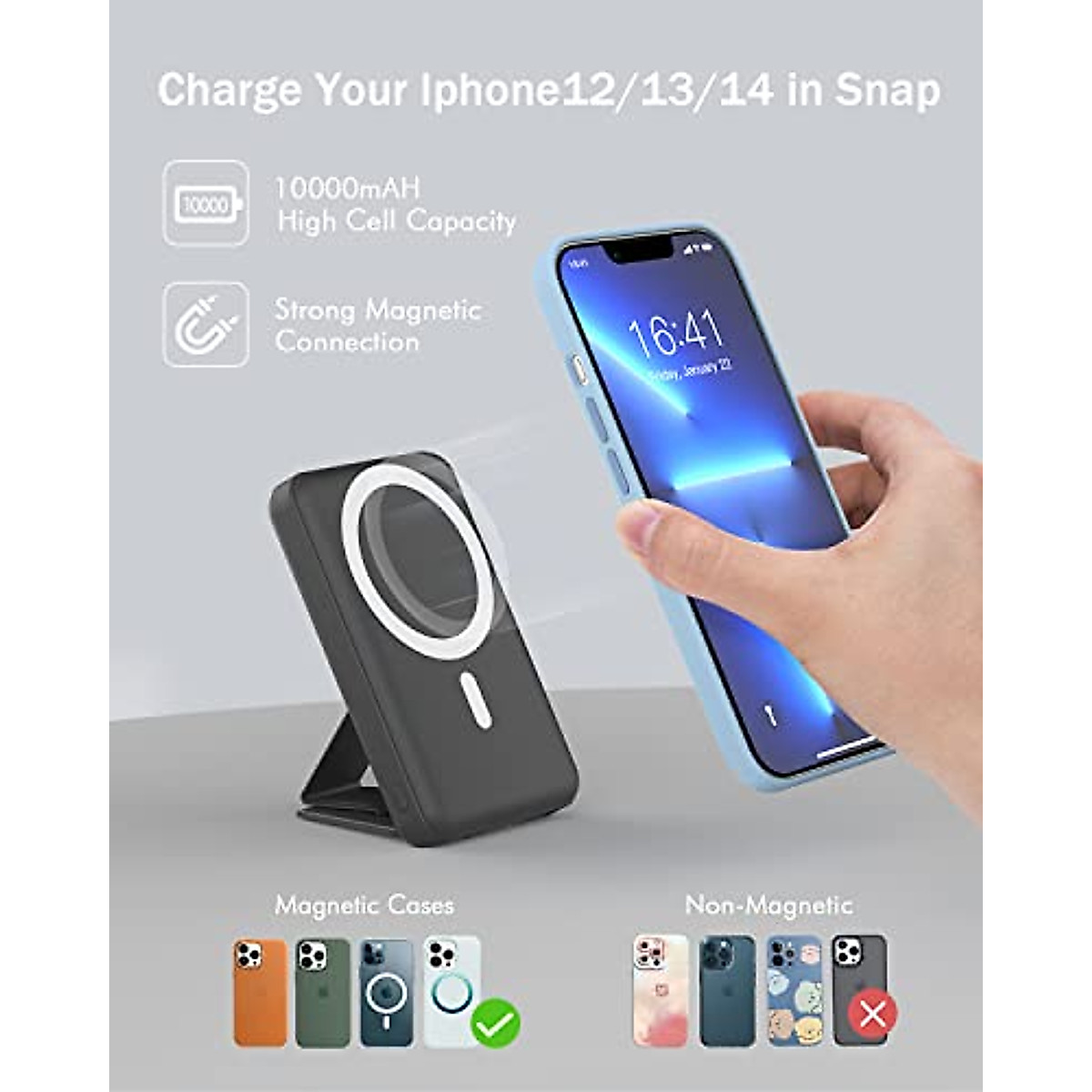 podoru Wireless Portable Charger, Foldable 10000mAh Magnetic Power Bank with Type-C Cable LED Display 22.5W PD Fast Charging Lighting Mag-Safe Battery Pack for iPhone 14/13/12/Mini/Pro/Pro Max-Black