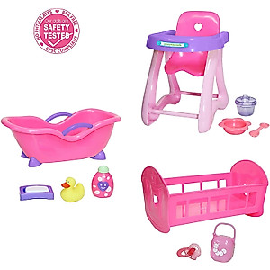 JC Toys Deluxe Doll Accessory Bundle | High Chair, Crib, Bath and Extra Accessories for Dolls up to 11" | Fits 11" La Baby & Other Similar Sized Dolls, Pink (81453)