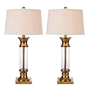 JONATHAN Y JYL4000B-SET2 Set of 2 Table Lamps Hunter 32" Metal/Glass LED Table Lamp Cottage Rustic Bedside Desk Nightstand Lamp for Bedroom Living Room Office College Bookcase, Gold/Clear