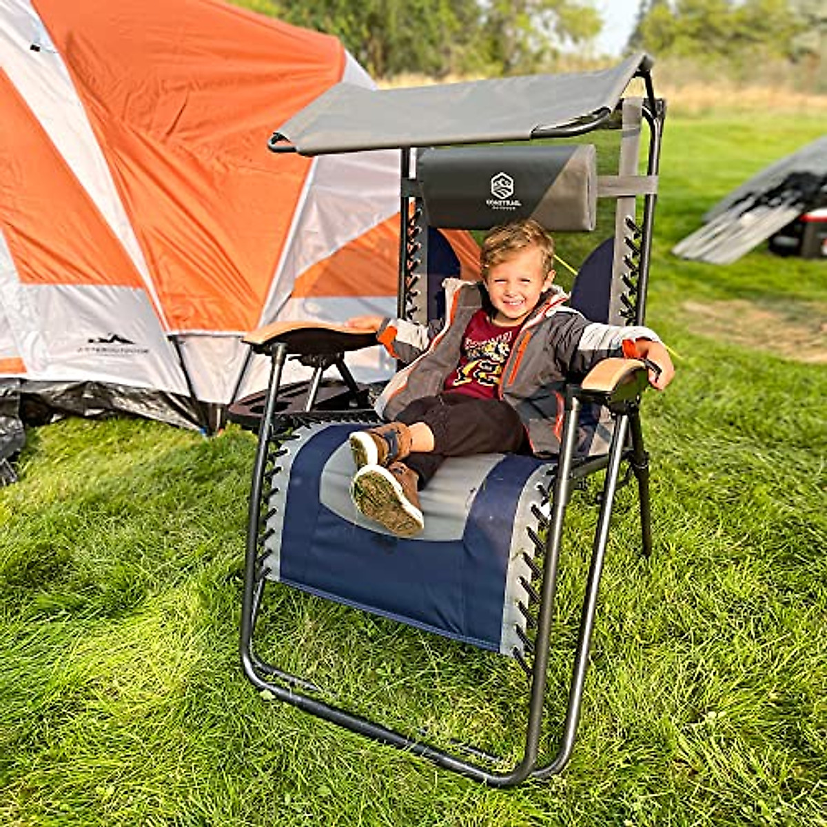 Coastrail Outdoor Zero Gravity Chair with Shade, 400lbs Capacity Mesh Back Padded Reclining Lounge Chair Plus Cup Holder, Table for Yard Patio Lawn Blue