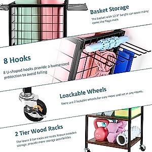 Weight Rack for Home Gym Dumbbells Yoga Mat Storage Rack Cart Small Metal Wood Home Gym Workout Equipment Storage with Hooks for Yoga Block Foam Rollers Resistance Bands
