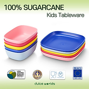 SUGARCANE Kids Plates 5Pack (7.9”) - Organic Dishes for Toddler to Big Kids - USDA Certified – Microwaves & Dishwasher Safe – BPA Free, Unbreakable, Reusable - Multi