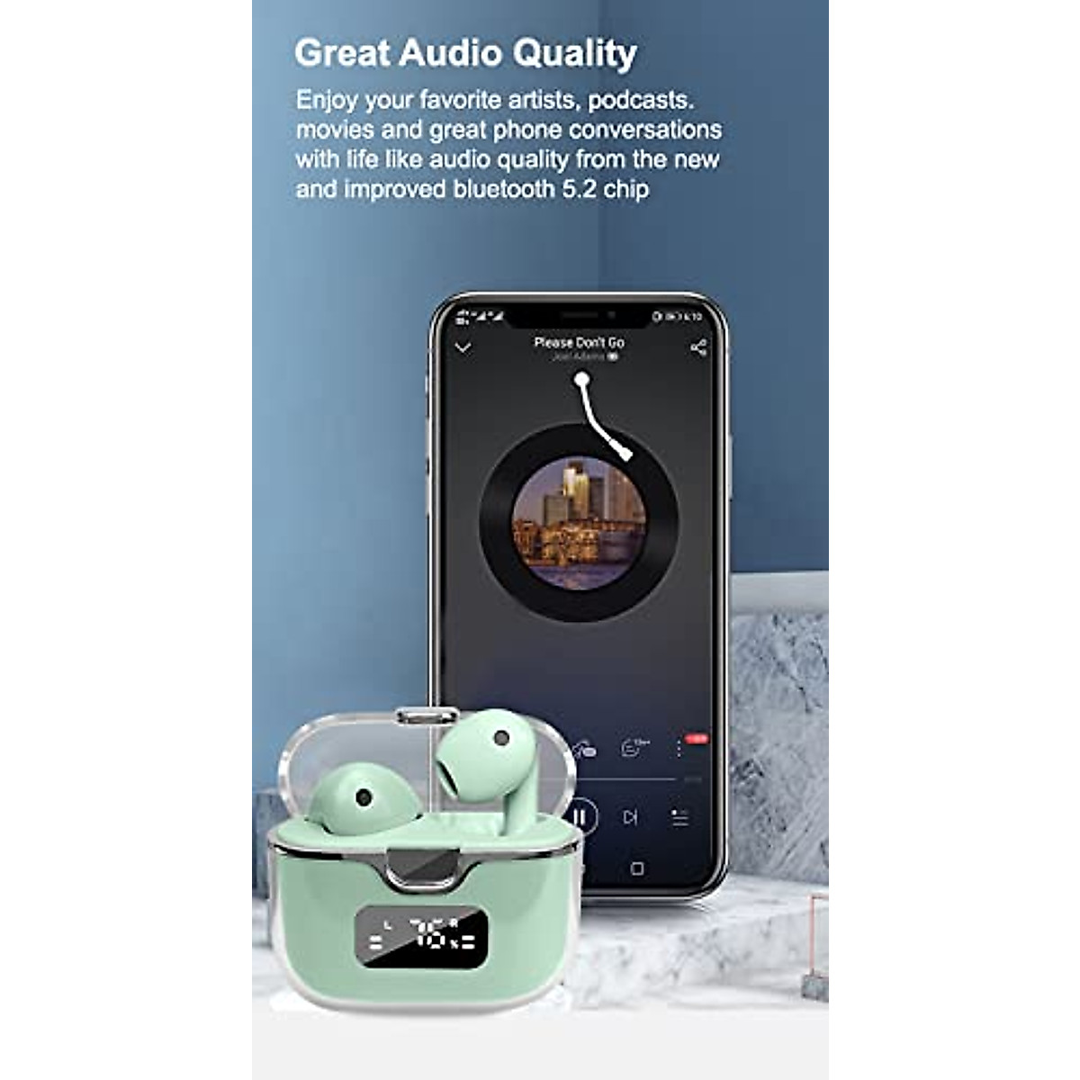 Acuvar in-Ear Wireless Bluetooth 5.2 Headphones, Earbuds IPX7 Waterproof with Microphone Rechargeable USB C Case LCD Display for Smartphones Android iOS (Green)